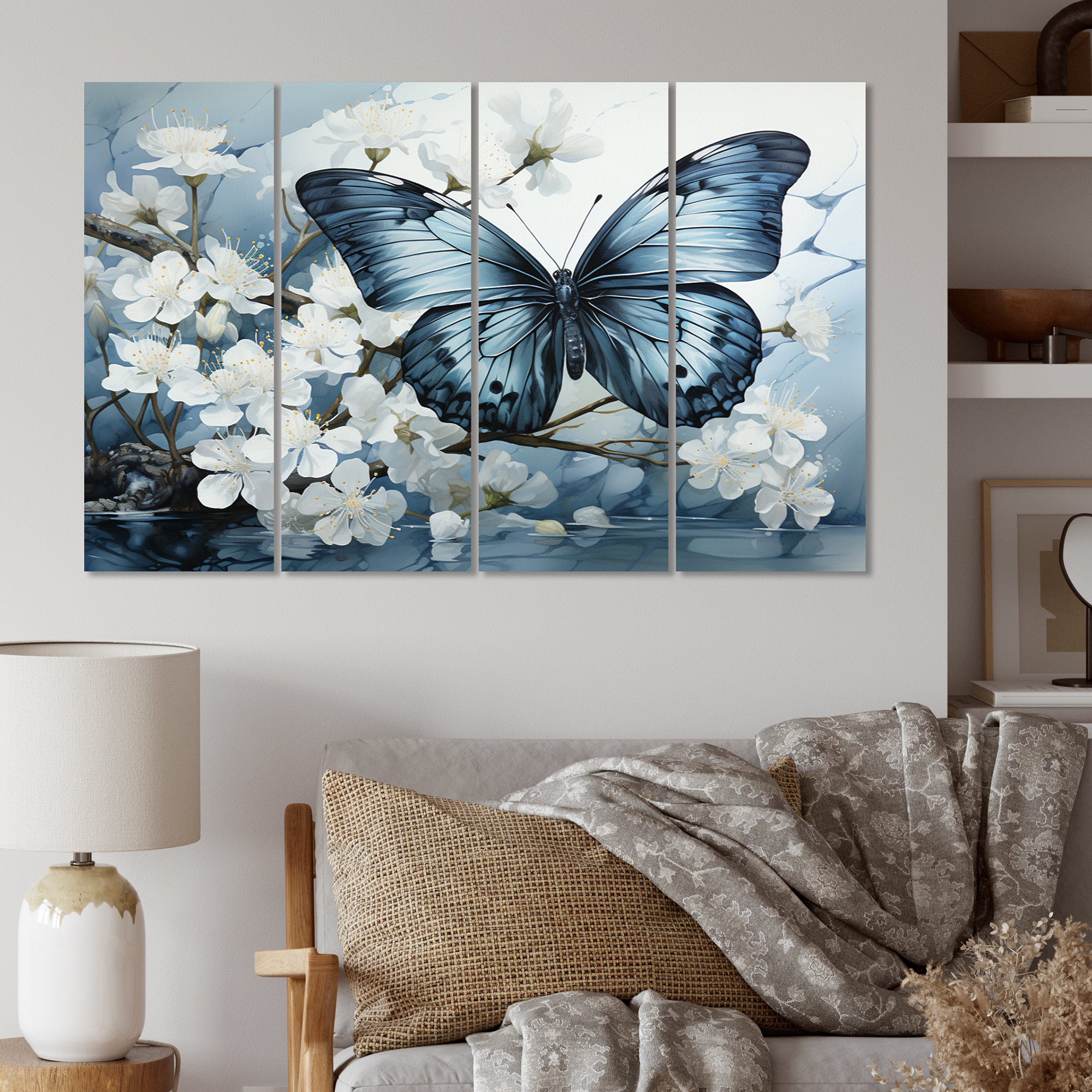 Design Art Blue White Butterfly Reflection - Animals Wall Decor - 4 Panels | Wayfair